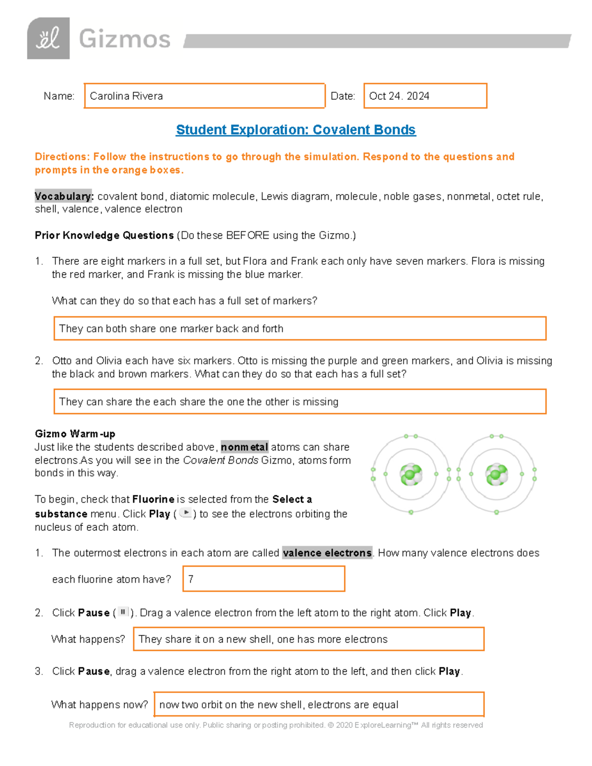 Carolina Rivera - Covalent Bonds Gizmo - 10306425 - Name: Carolina ...