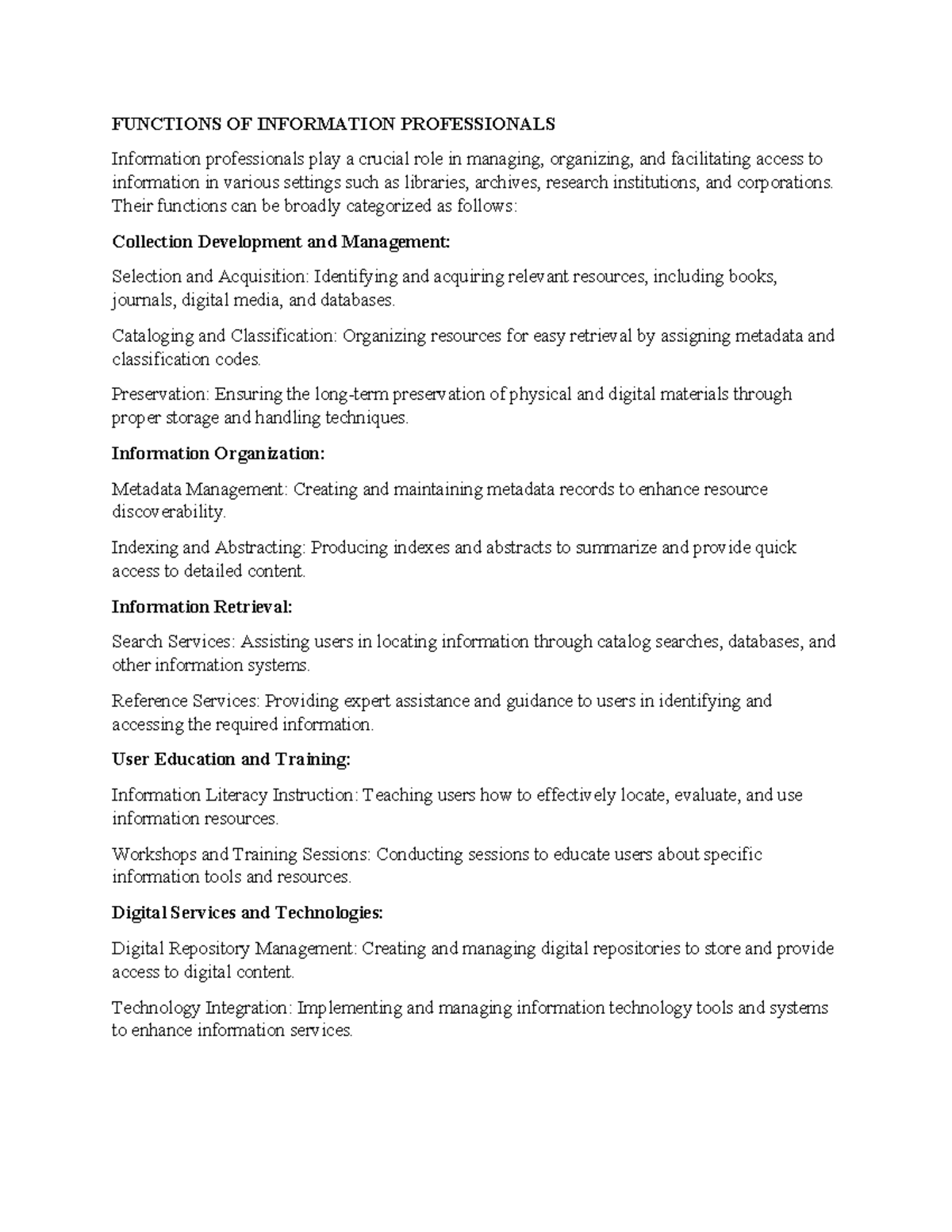 Information Professionals - FUNCTIONS OF INFORMATION PROFESSIONALS ...