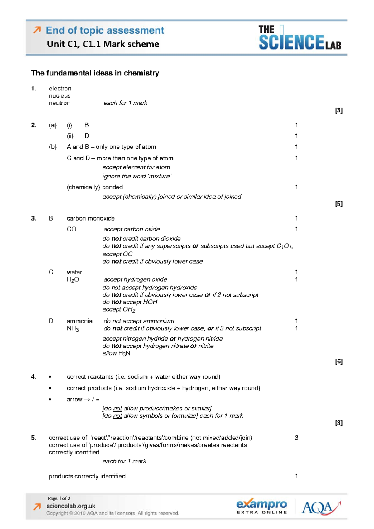 C1 - Chem - Unit C1, C1 Mark scheme The fundamental ideas in chemistry ...