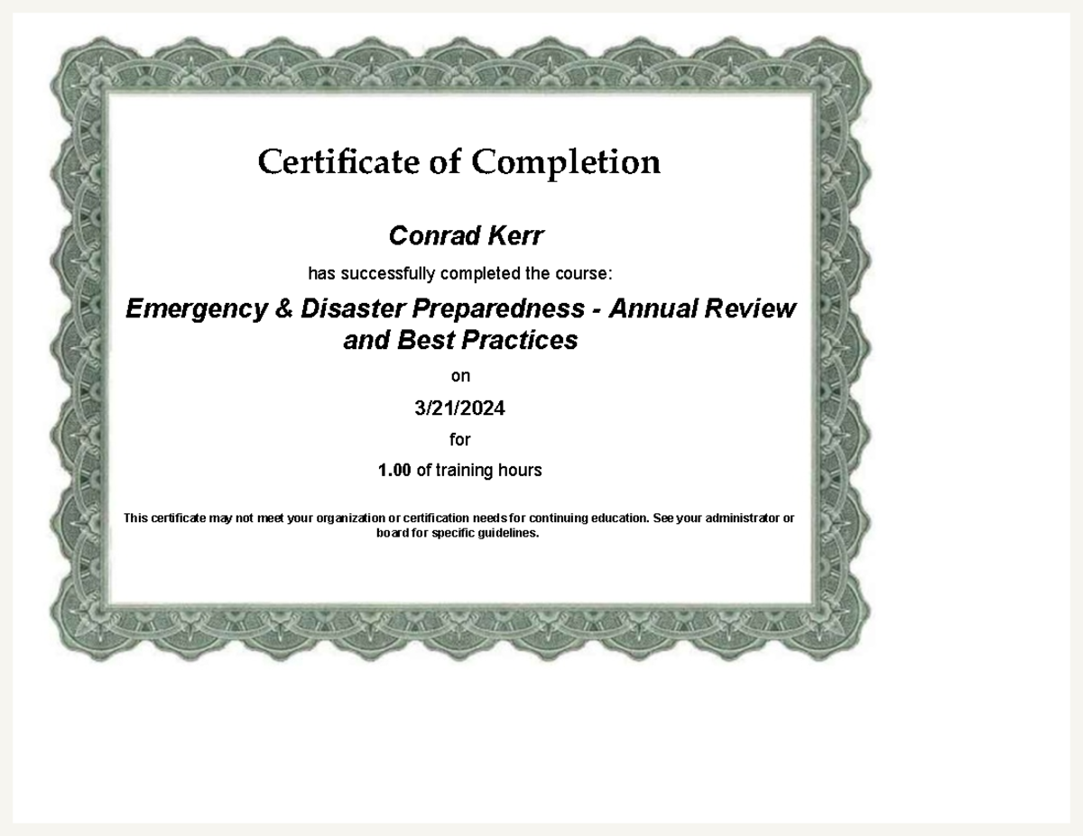 Certificate evacuation - BL21345 - Certificate of Completion Conrad Kerr has successfully ...