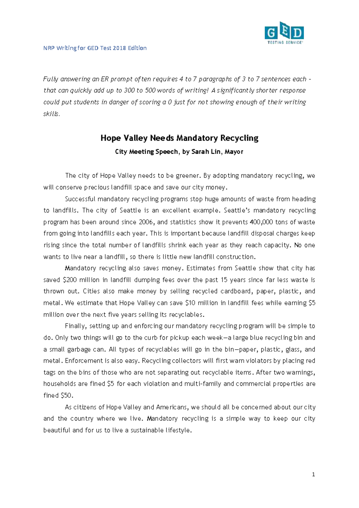 Recycle - RLA ER - NRP Writing for GED Test 2018 Edition 1 Fully ...