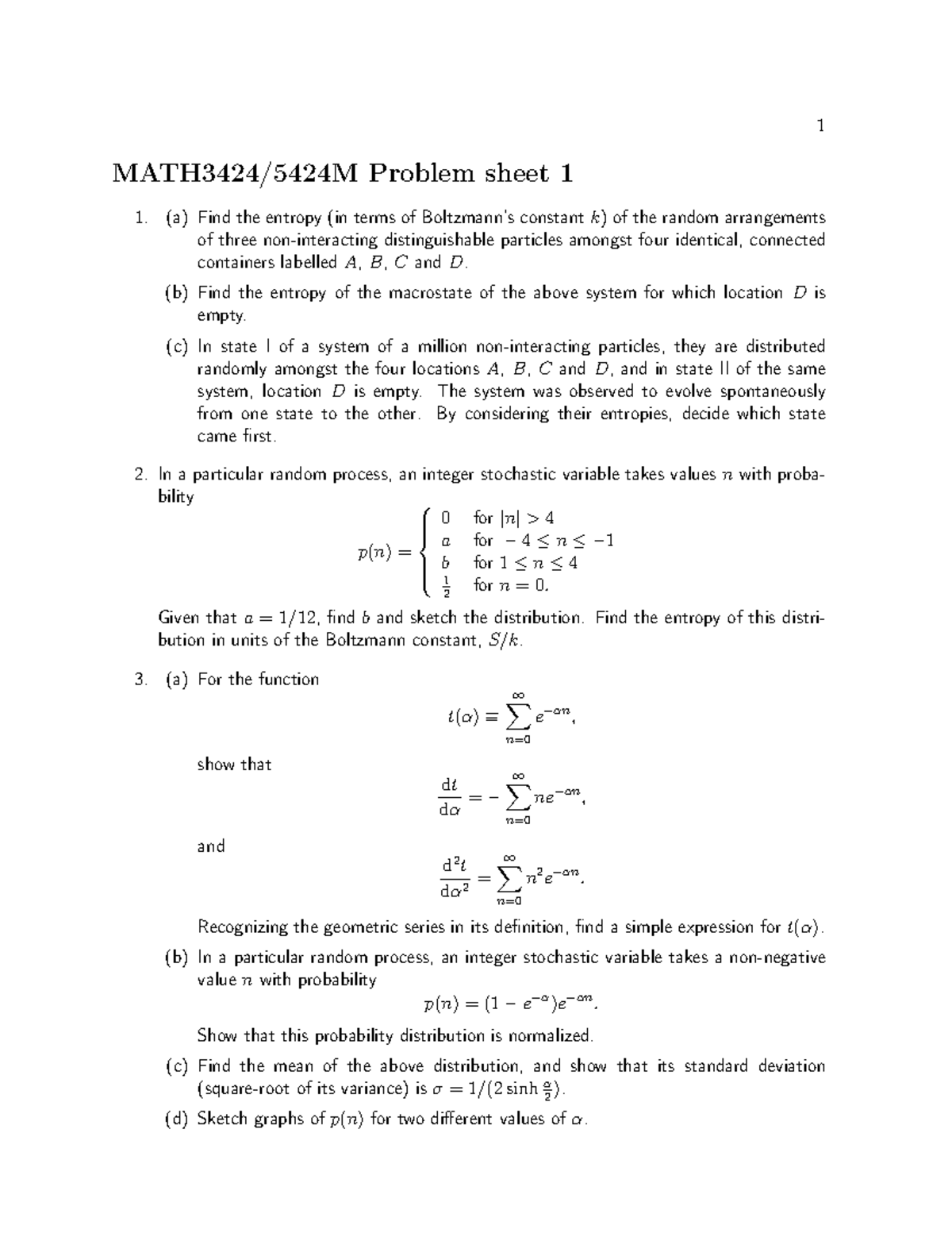 Examples 1 - 1 MATH3424/5424M Problem sheet 1 (a) Find the entropy (in ...