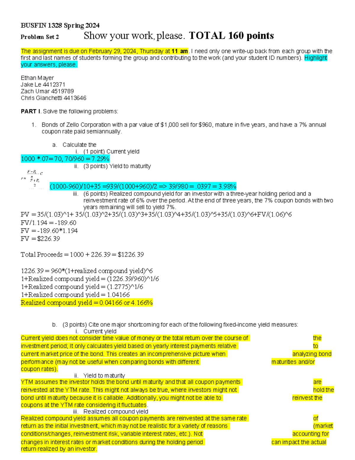 Busfin 1328 Spring 2024 Problem Set 2 - BUSFIN 1328 Spring 2024 Problem Set 2 Show your work ...