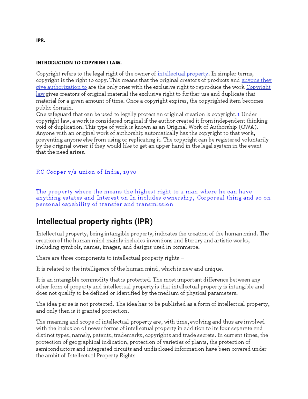 Document (18) - Summary Intellectual Property Rights - IPR. INTRODUCTION TO COPYRIGHT LAW ...