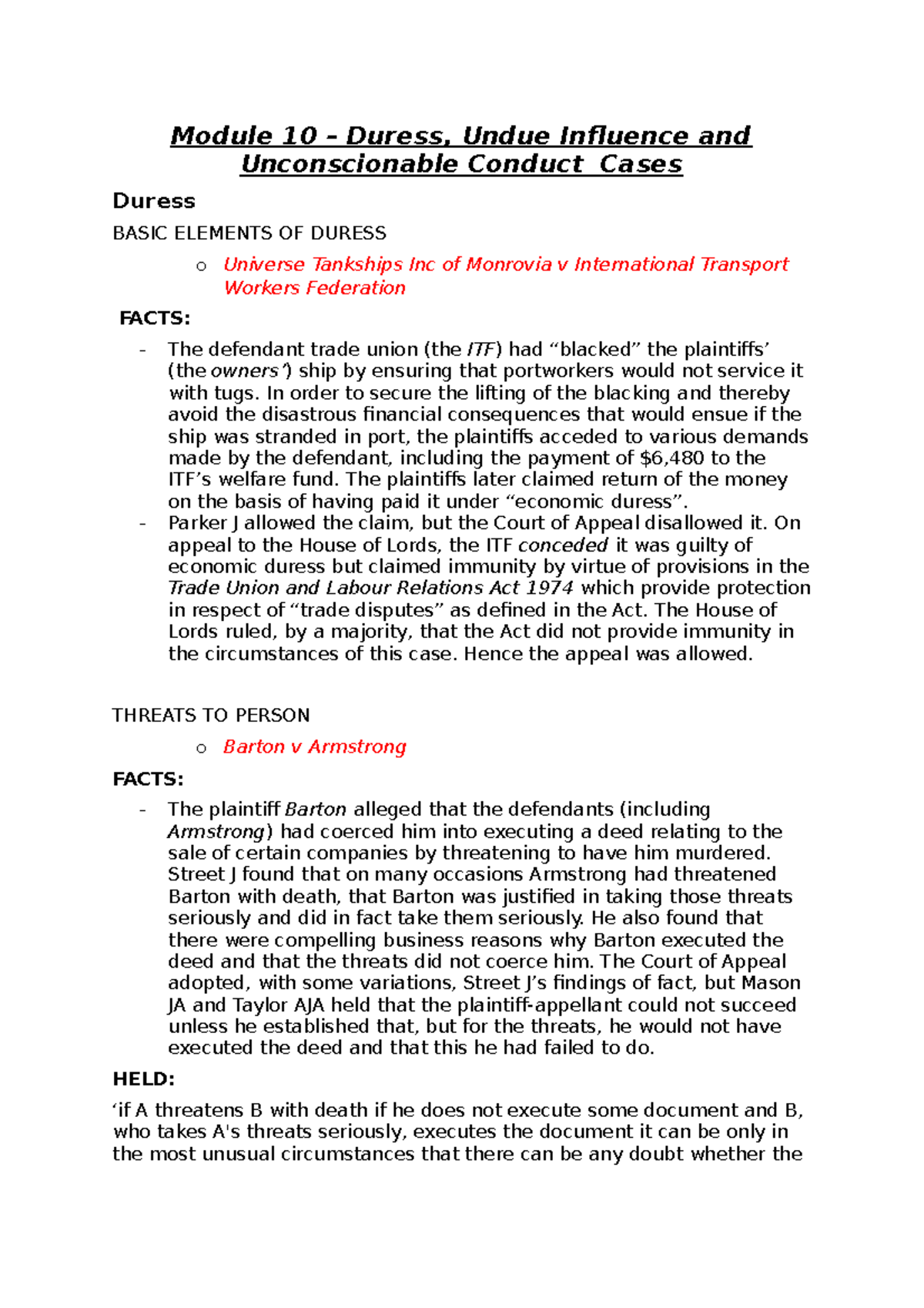 Module 10 ( Cases) - Lecture notes 10 - Module 10 – Duress, Undue ...