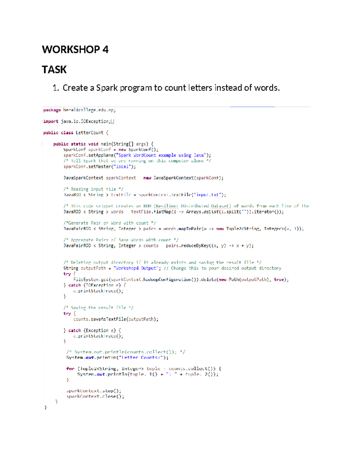 Spark - Introduction to Cloud Computing - WORKSHOP 4 TASK 1. Create a Spark program to count ...