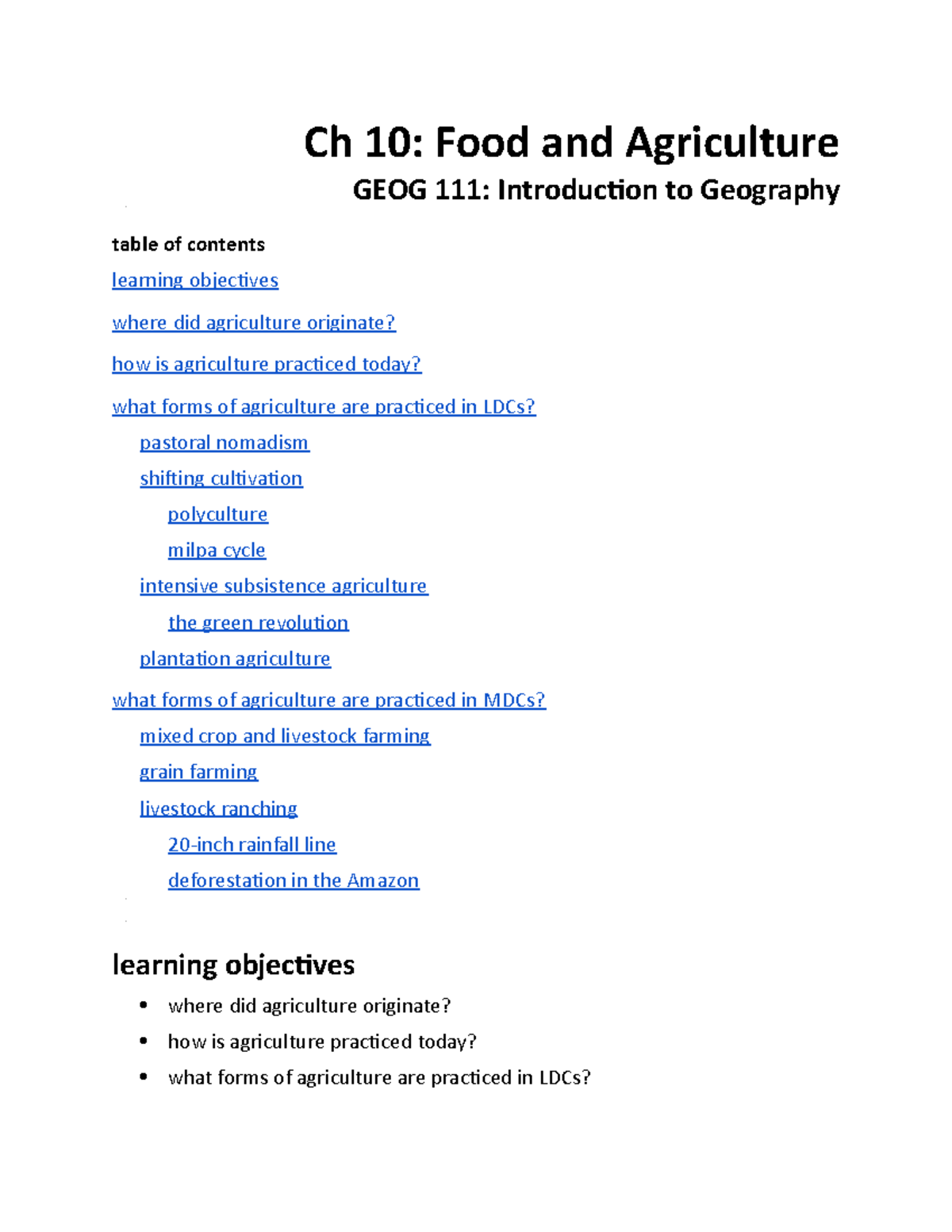 Ch 10- Food and Agriculture GEOG 111- Introduction to Geography - Ch 10 ...