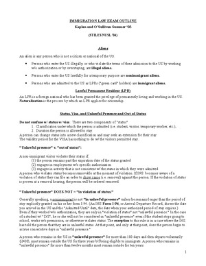 Immigration LAW Brief Outline - IMMIGRATION LAW FEDERAL GOVERNMENT HAS ...