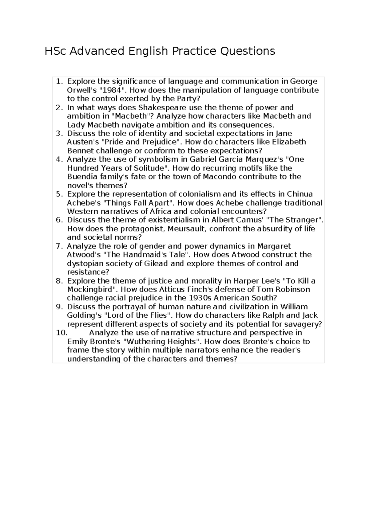 Hsc adv questions - HSc Advanced English Practice Questions 1. Explore ...