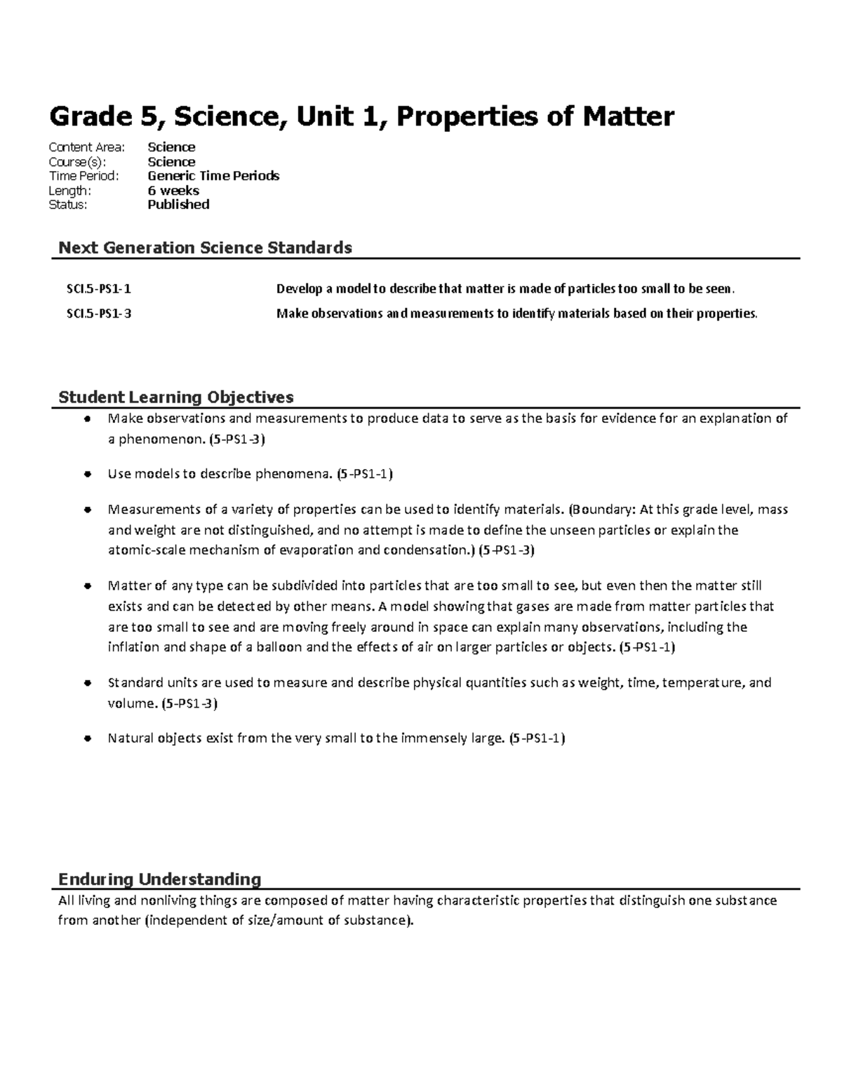 5th grade science curriculum 2017 - Grade 5, Science, Unit 1 ...