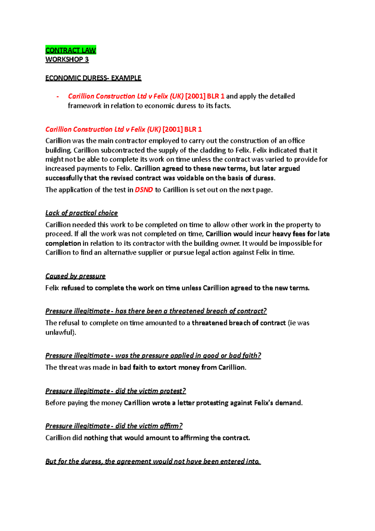 Economic Duress- Example - CONTRACT LAW WORKSHOP 3 ECONOMIC DURESS ...