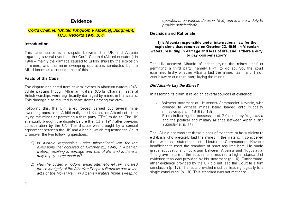 Corfu Channel case - Evidence Corfu Channel (United Kingdom v Albania), Judgment, I.C. Reports ...