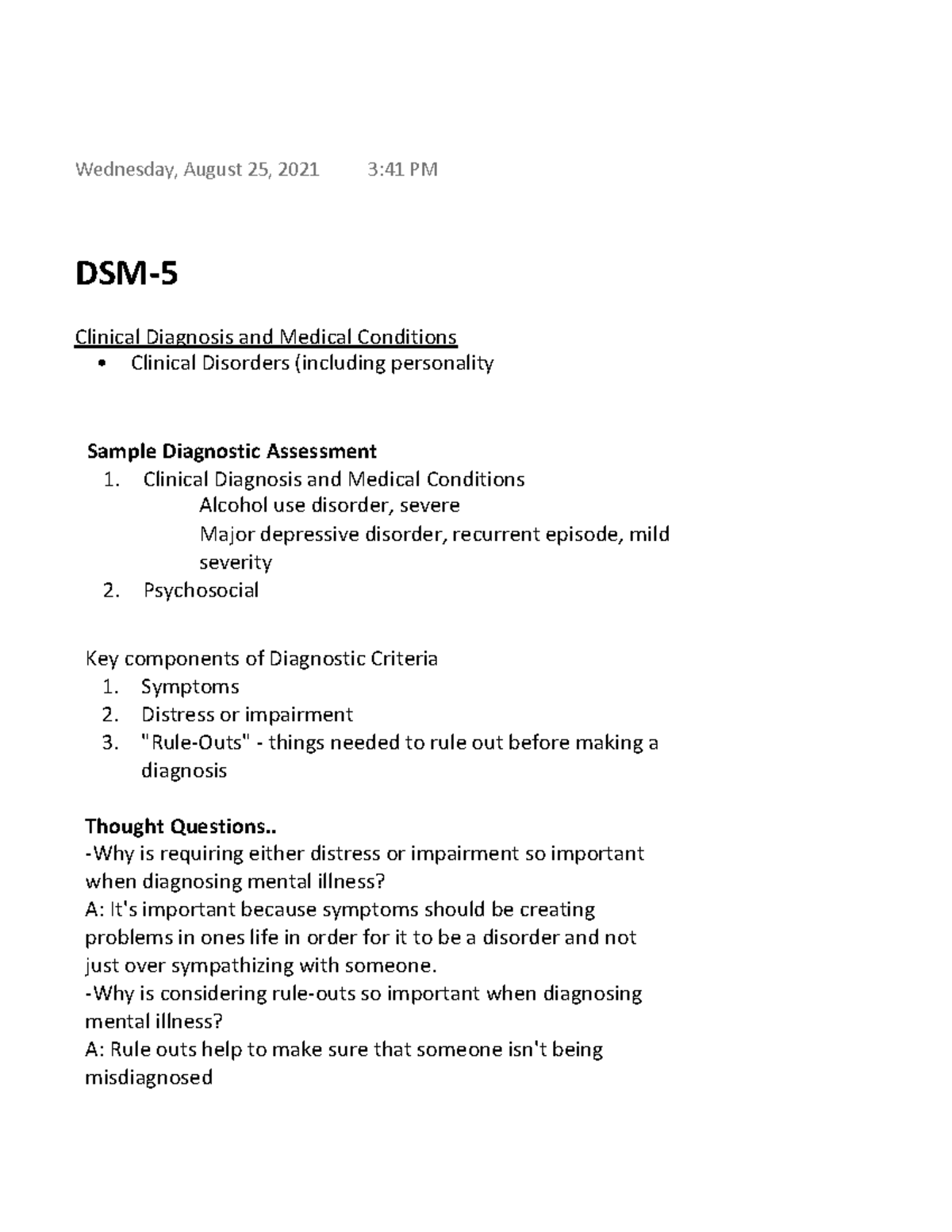 DSM-5 - Amanda Mccleary Zoom Lecture Notes - DSM- Clinical Diagnosis ...