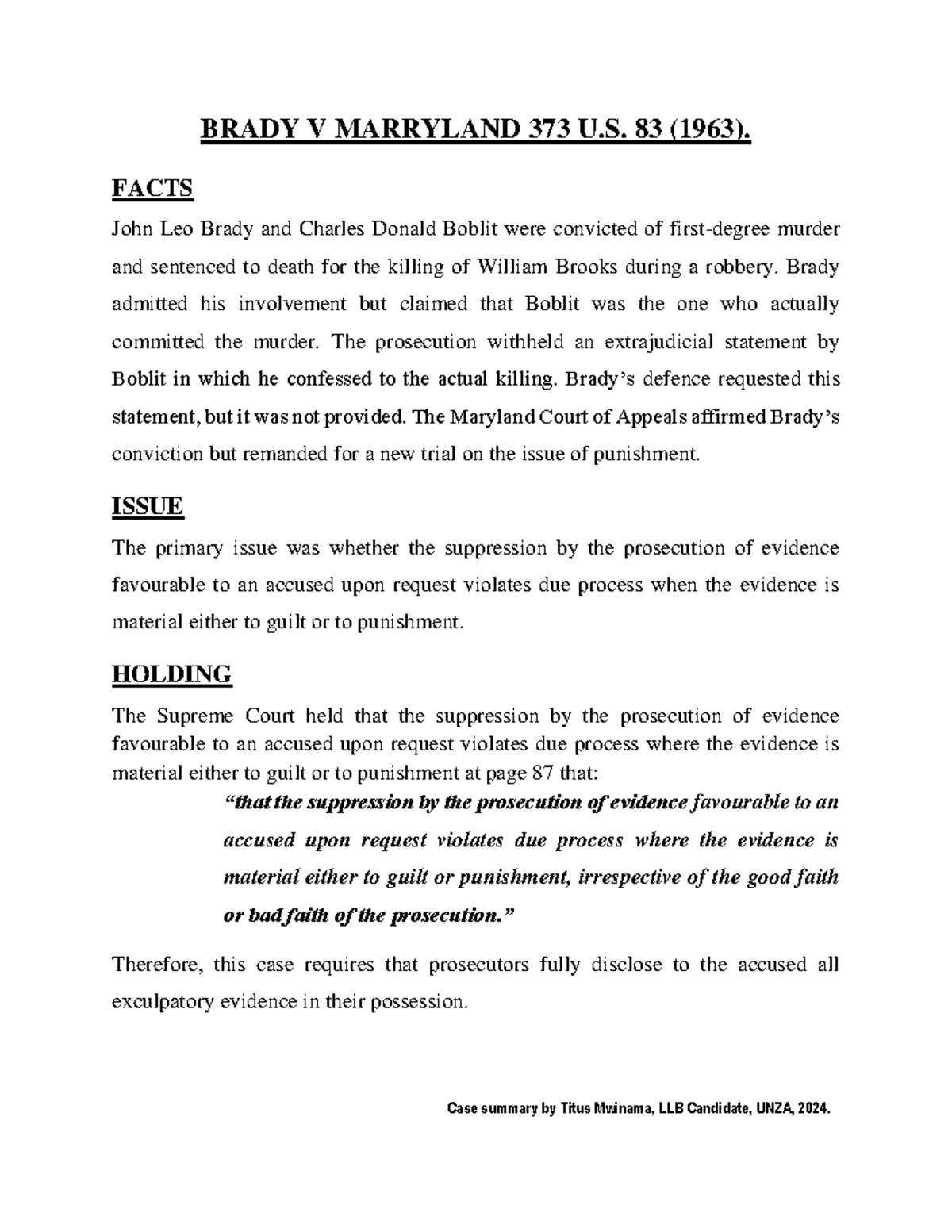 Brady V Marryland 373 U.S. 83 (1963) - BRADY V MARRYLAND 373 U. 83 ...