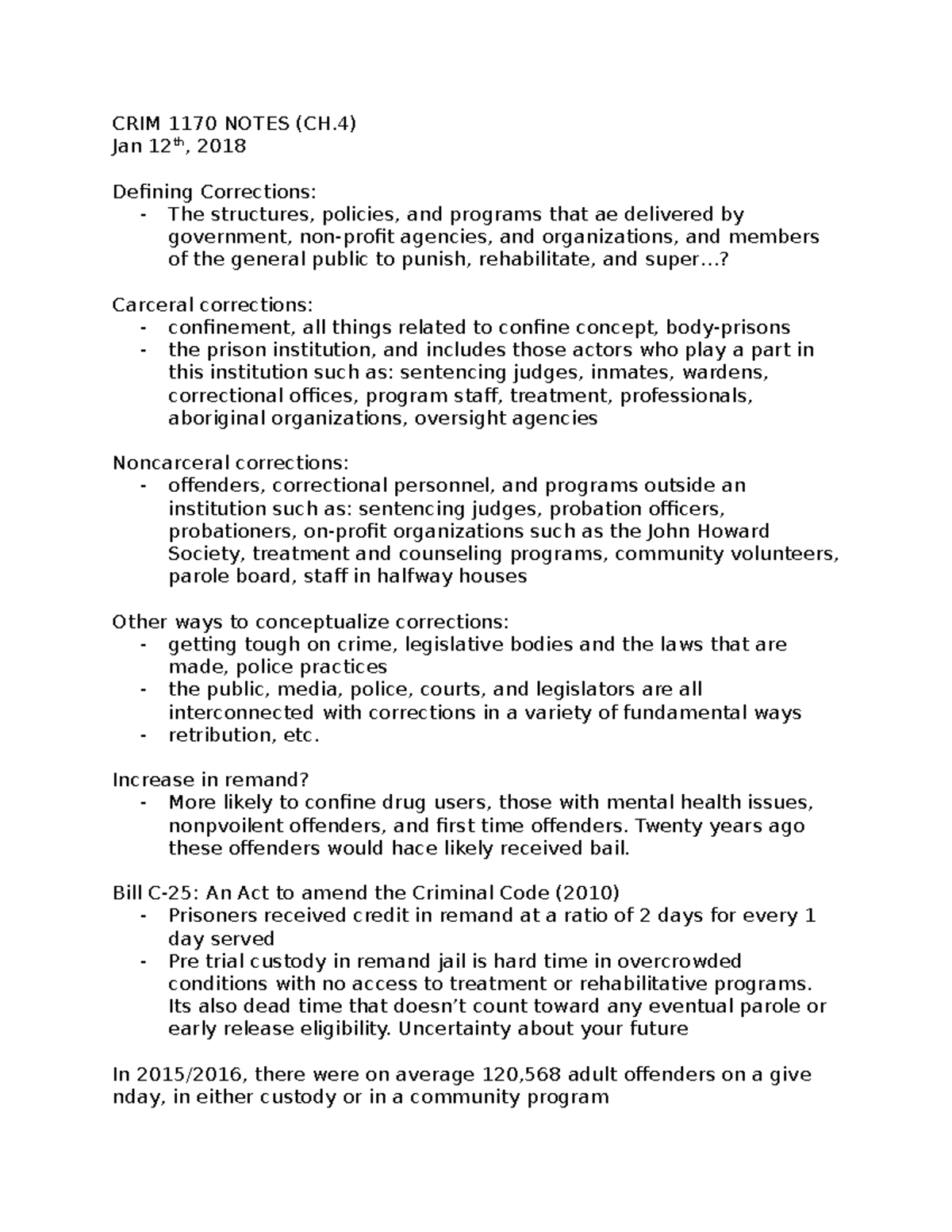 CRIM 1170 Chapter 4 - Lecture notes 4 - CRIM 1170 NOTES (CH) Jan 12th ...