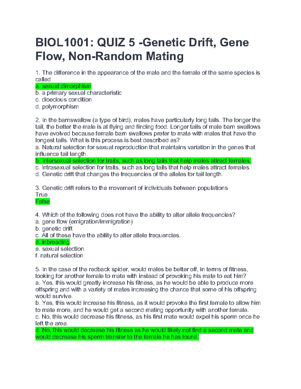 BIOL1001 QUIZ 5 - Genetic Drift, Gene Flow, Non-Random Mating - Sc/Biol ...
