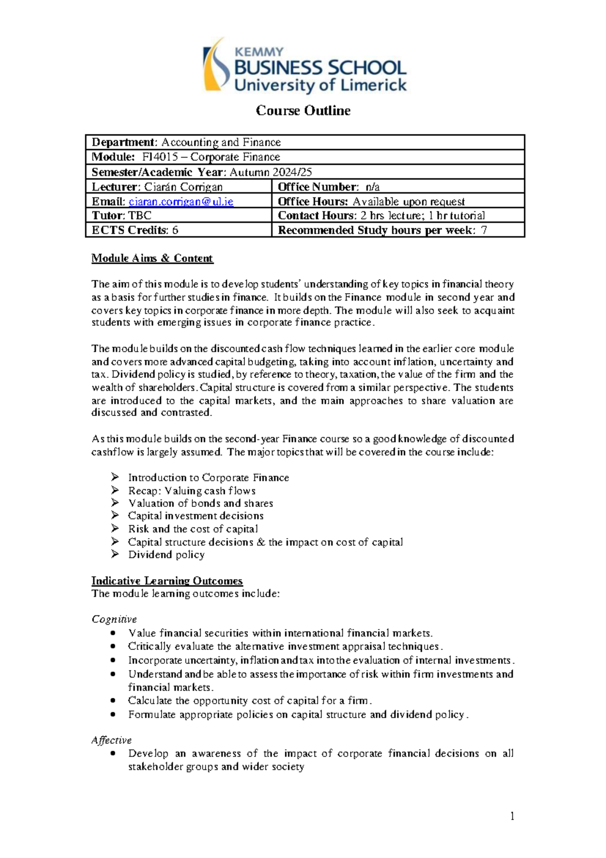 FI4015 - Corporate Finance - Course Outline (2024-25) - Course Outline ...