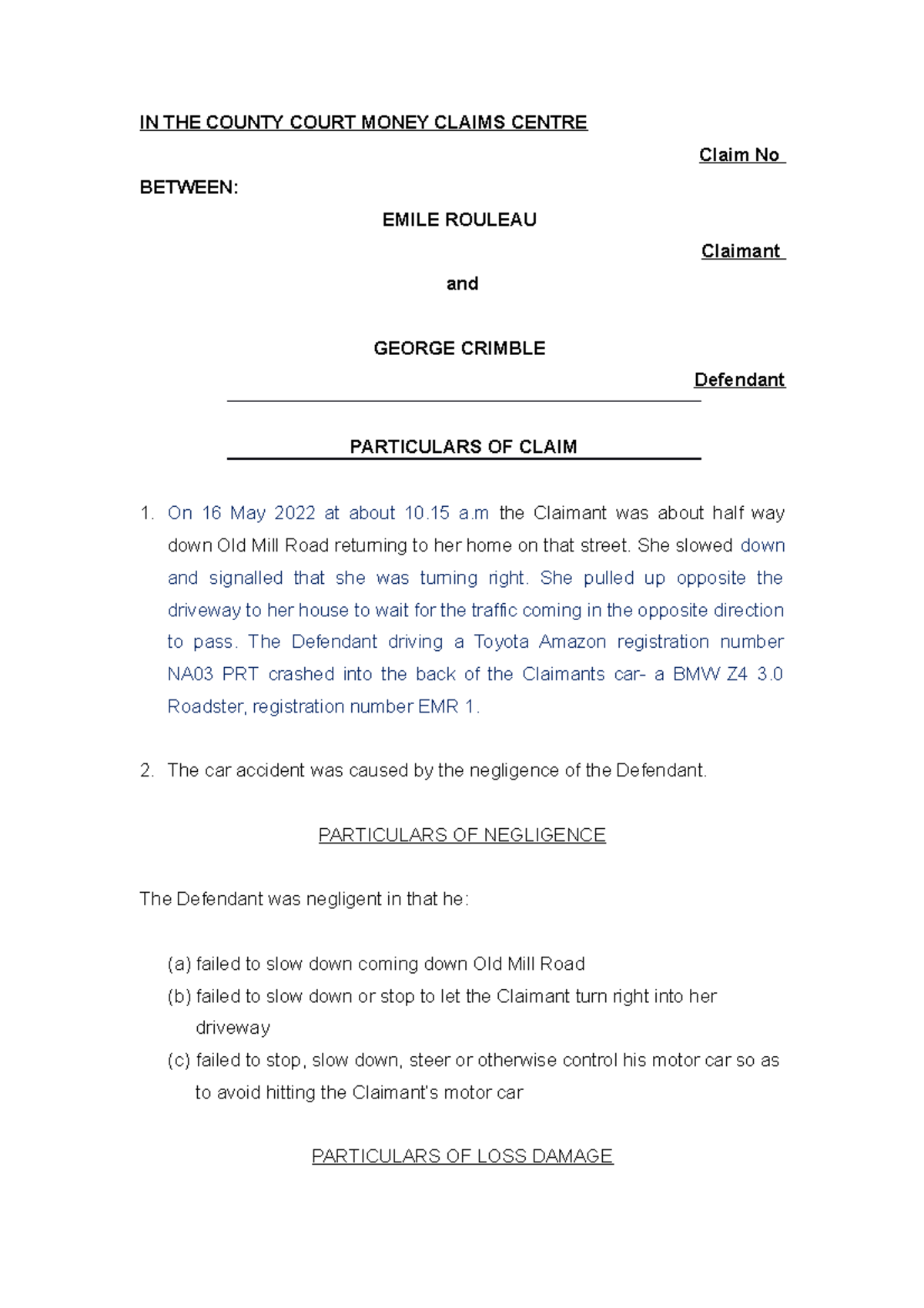 Particulars of Claim Rouleau v Crimble - IN THE COUNTY COURT MONEY ...