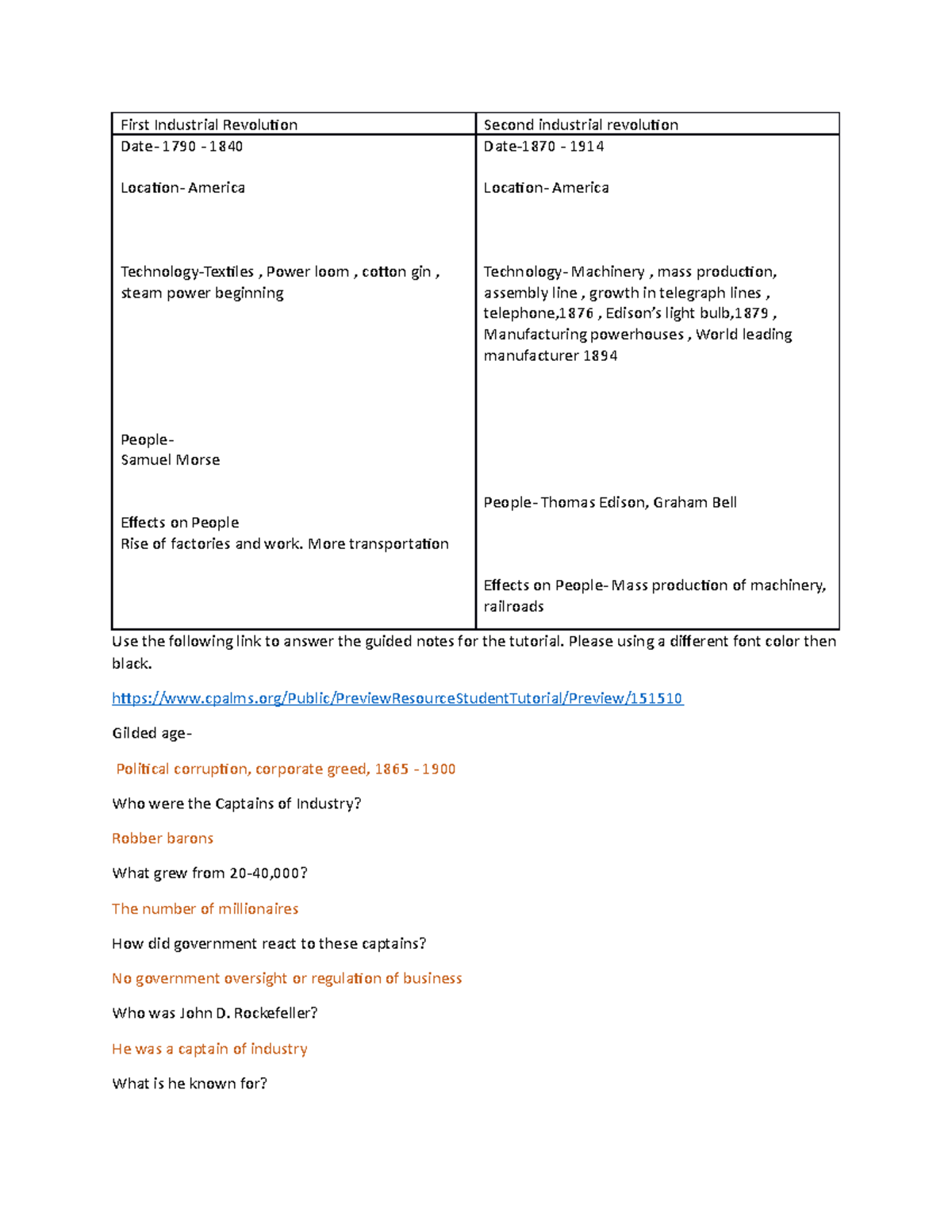 Tutorial Guided Notes for Industrial Revolution - First Industrial ...