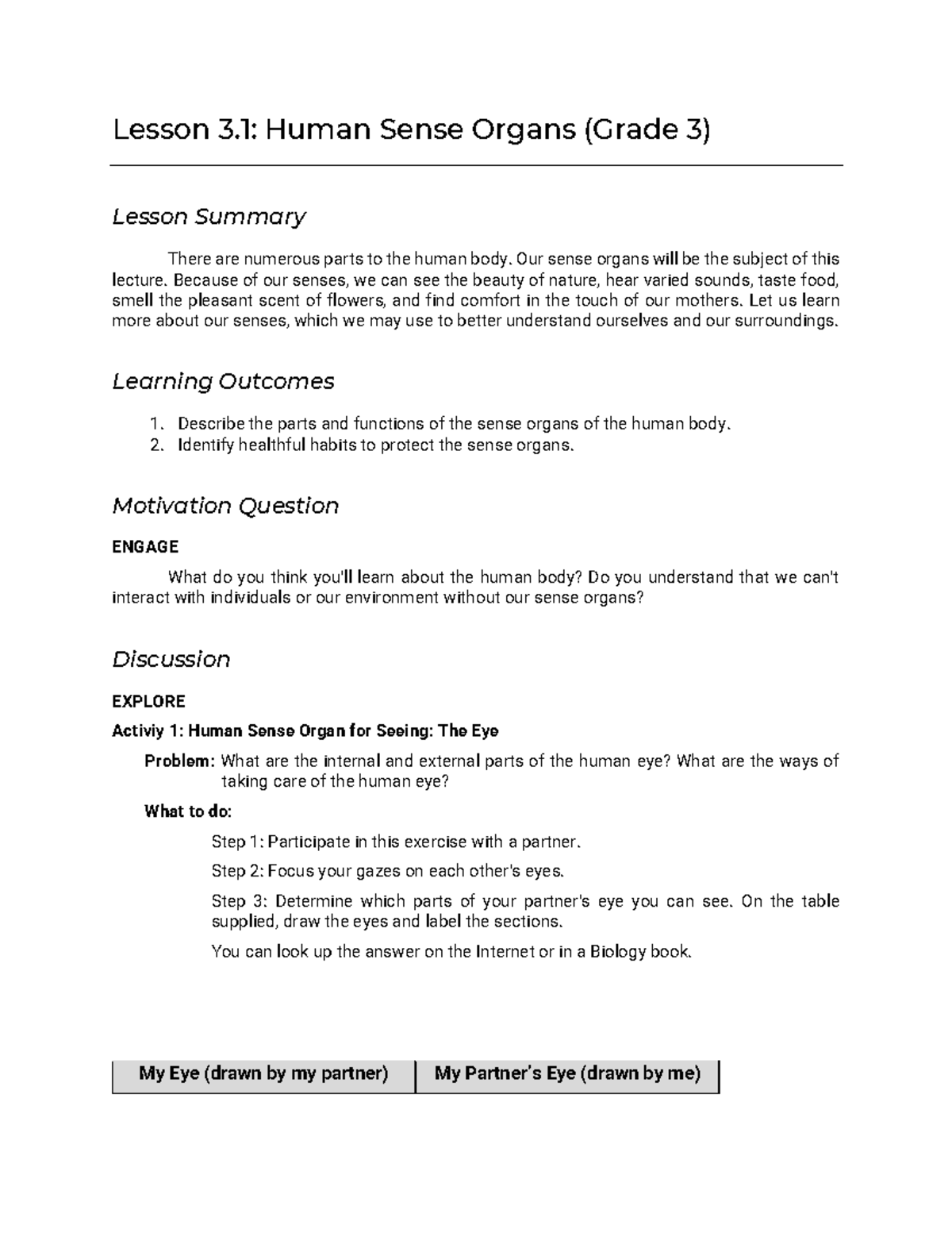 Lesson 3 learning task or assessment - Lesson 3: Human Sense Organs ...