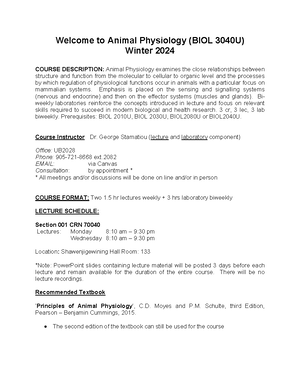 Animal Physiology 3040 Laboratory Outline 2024 - Animal Physiology ...