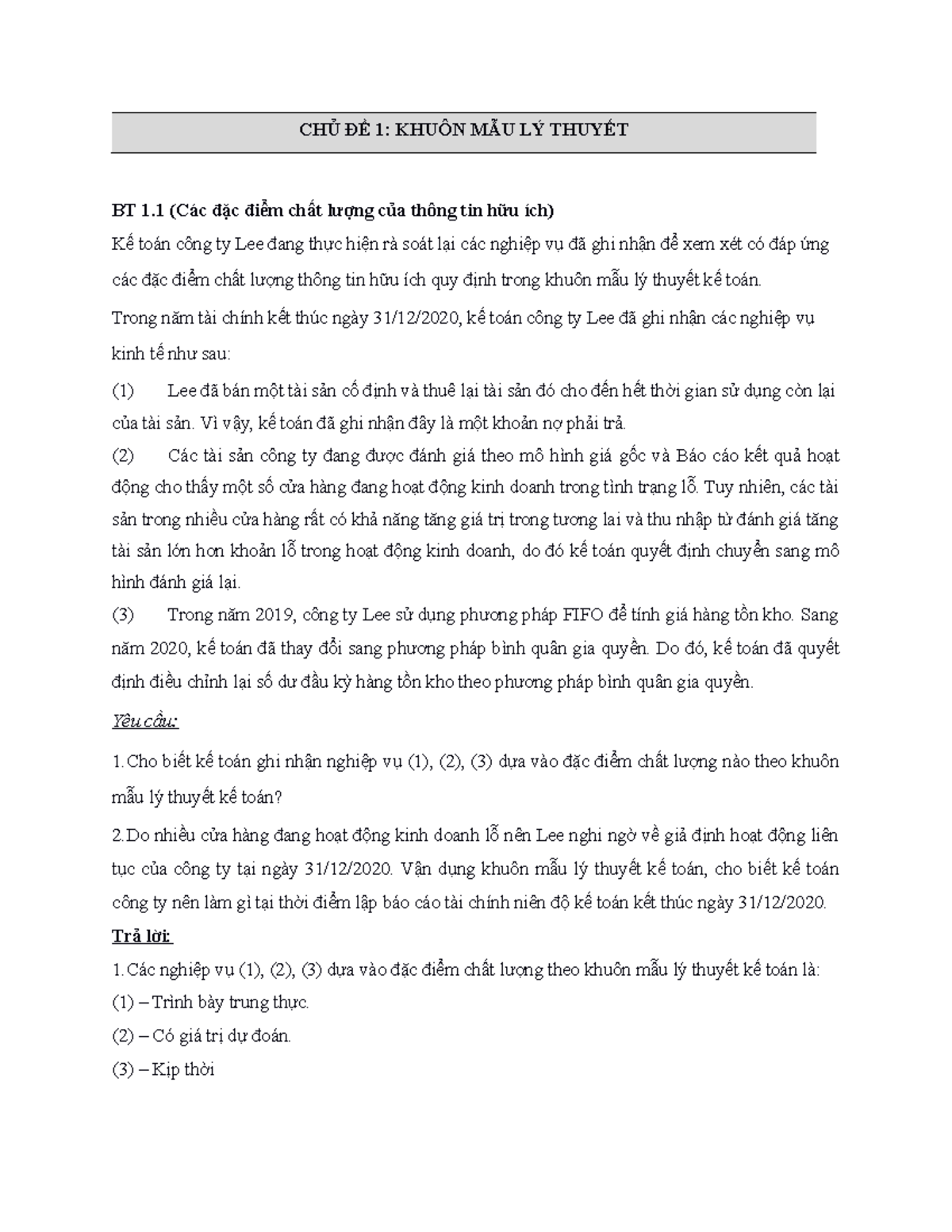 BT CHU DE 1-ktqt1 - BT CHU DE 1-ktqt1 - CHỦ ĐỀ 1: KHUÔN MẪU LÝ THUYẾT BT 1 (Các đặc điểm chất ...