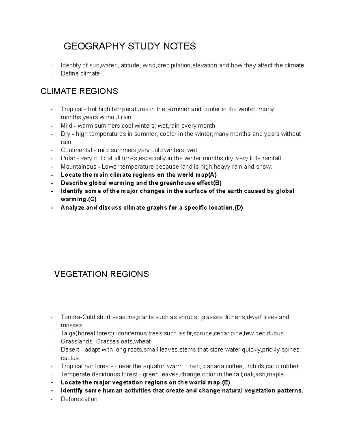Climate AND VEG Regions Study Sheet - GEOGRAPHY STUDY NOTES Identify of ...