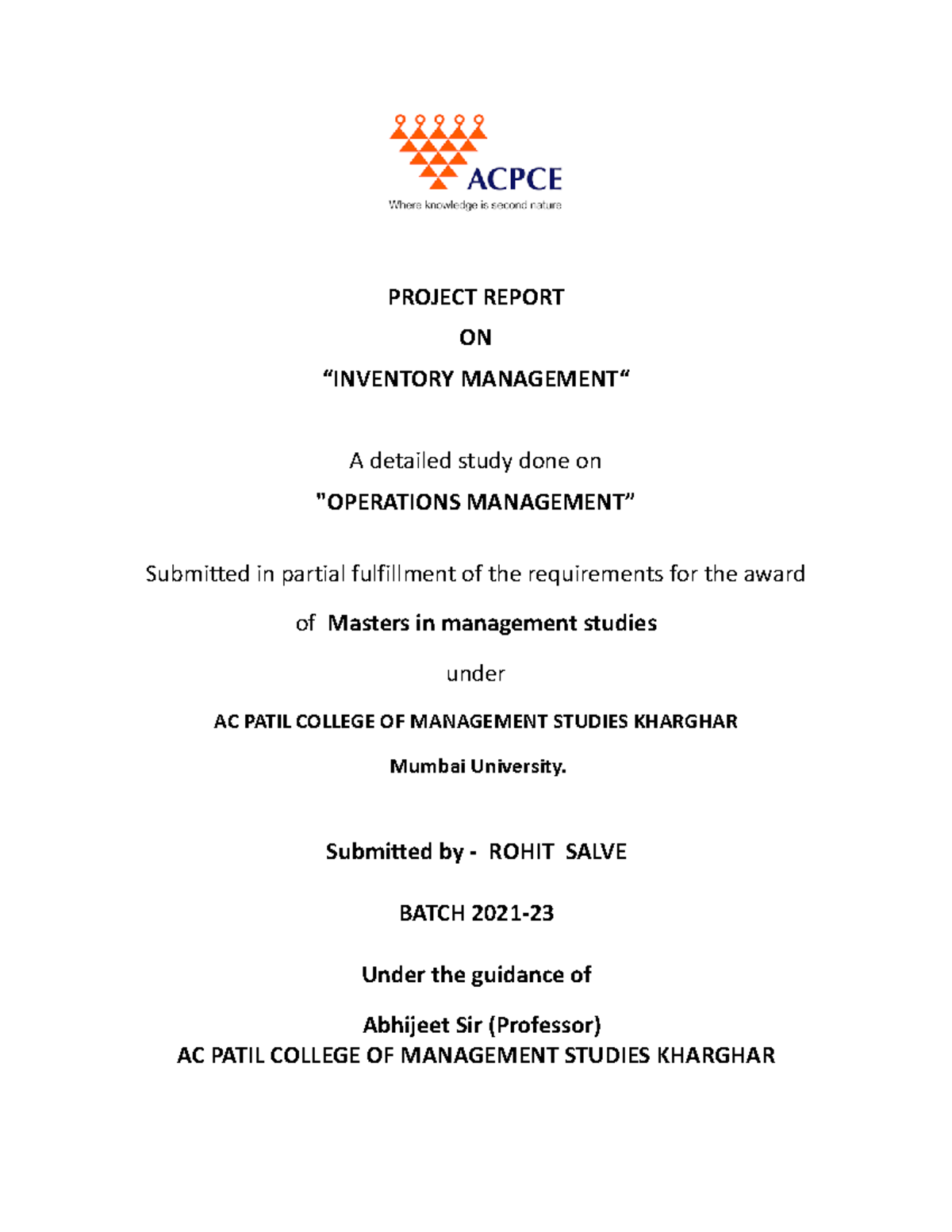 MMS Project Report Rohit Salve - PROJECT REPORT ON “INVENTORY ...
