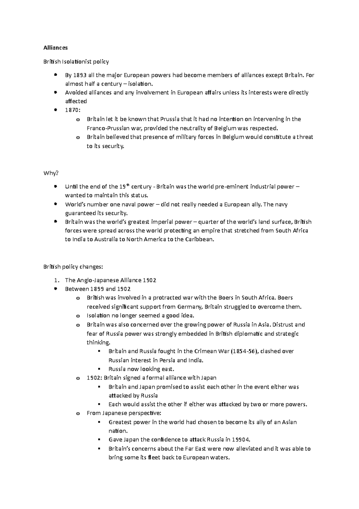 Causes of WW1 - alliances study notes - Alliances British Isolationist ...
