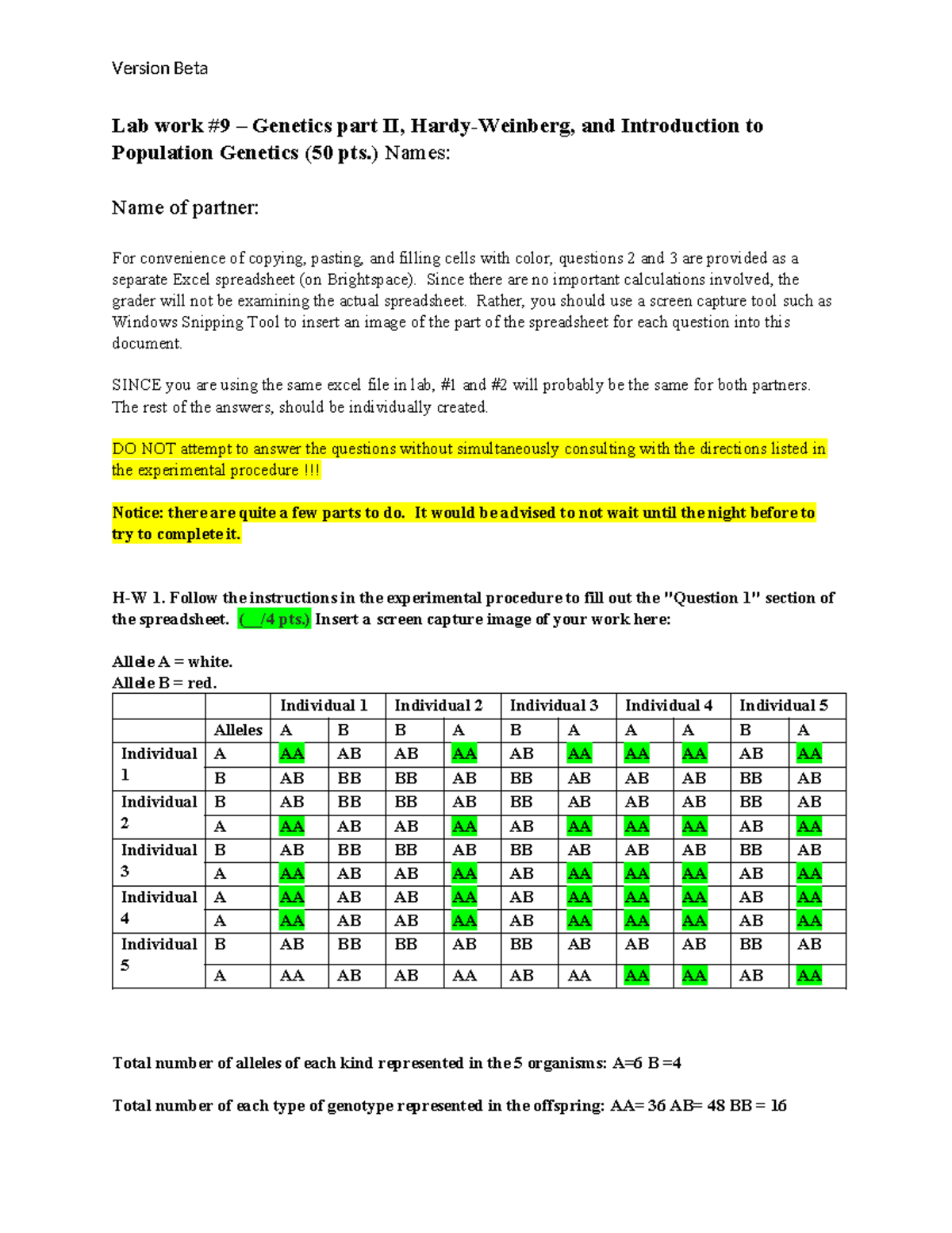 BIO HW 9 - Lab Assignment - Lab work #9 – Genetics part II, Hardy ...