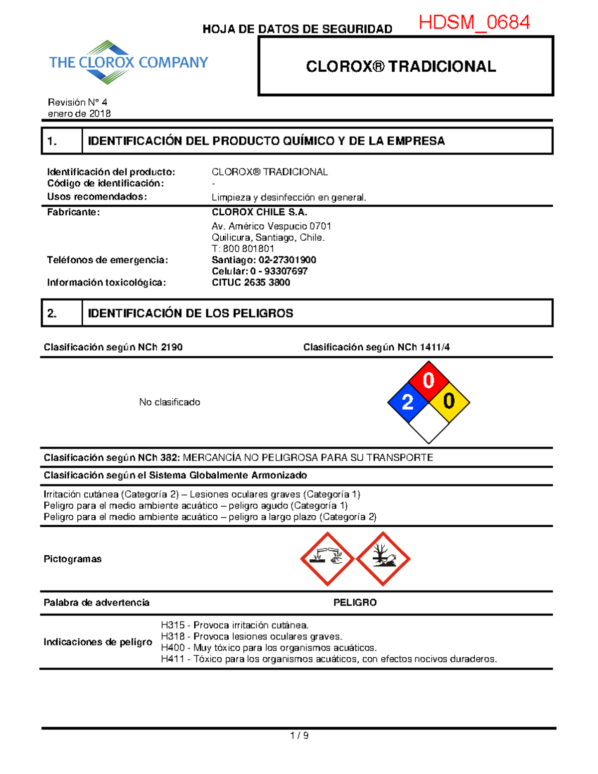 HDSM 0684 Desinfectante Clorox 01 - HOJA DE DATOS DE SEGURIDAD CLOROX ...