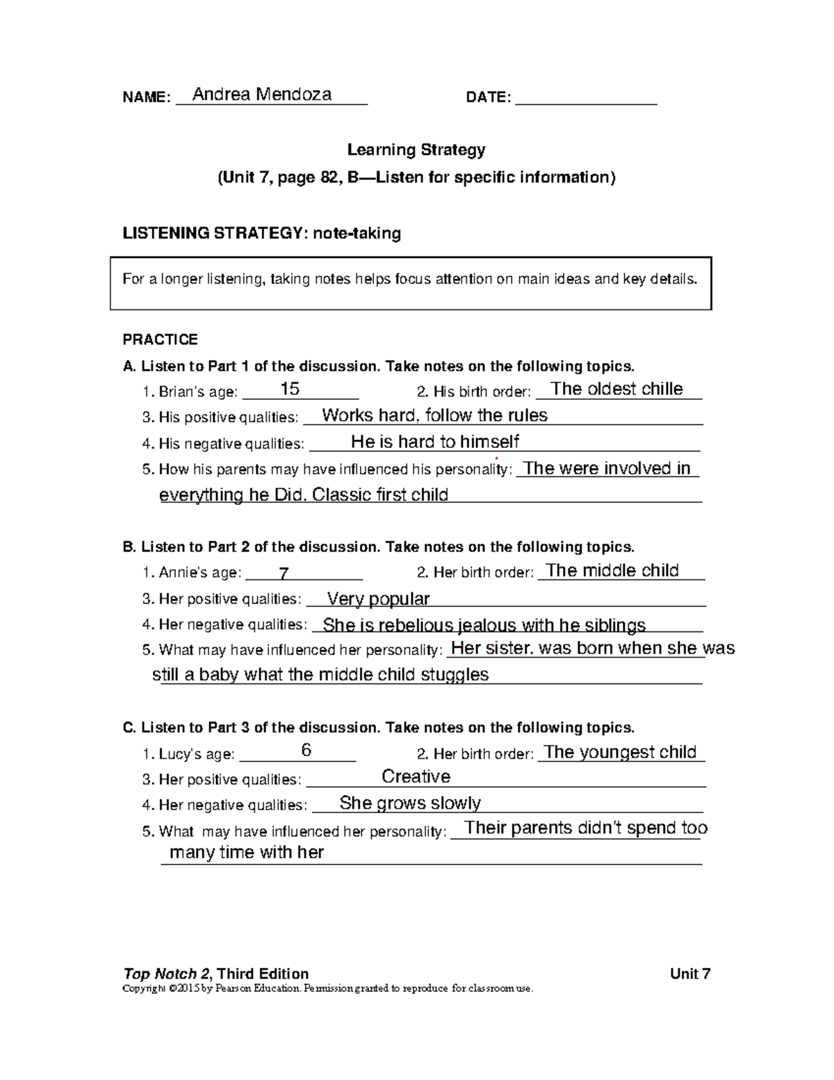 UNIT 07 P82 Listening - Activities class - Top Notch 2 Copyright ©2015 ...