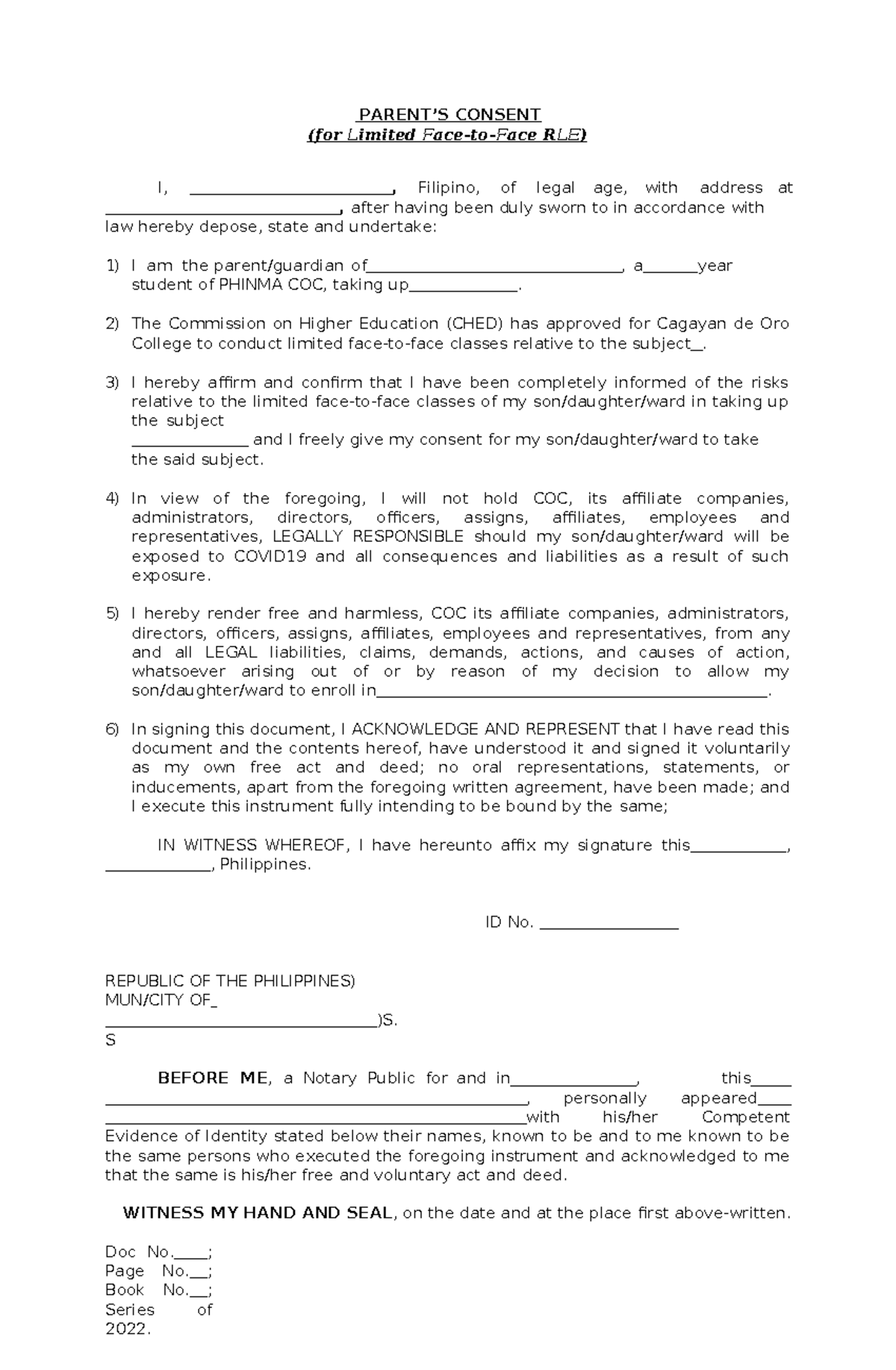 Parental-Consent- Edited - PARENT’S CONSENT (for Limited Face-to-Face RLE) I, , Filipino, of ...