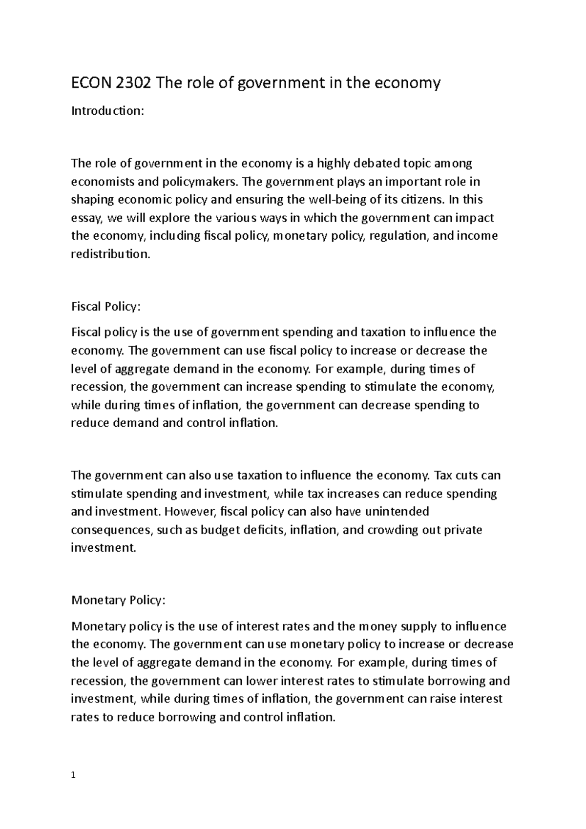 ECON 2302 The role of government in the economy - ECON 2302 The role of ...