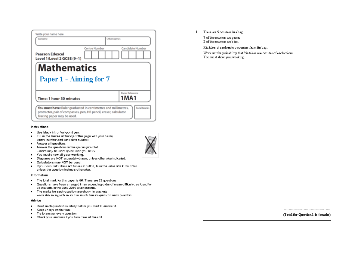 1a - Paper 1 Non-Calculator Aiming for Grade 7 - Question Paper ...