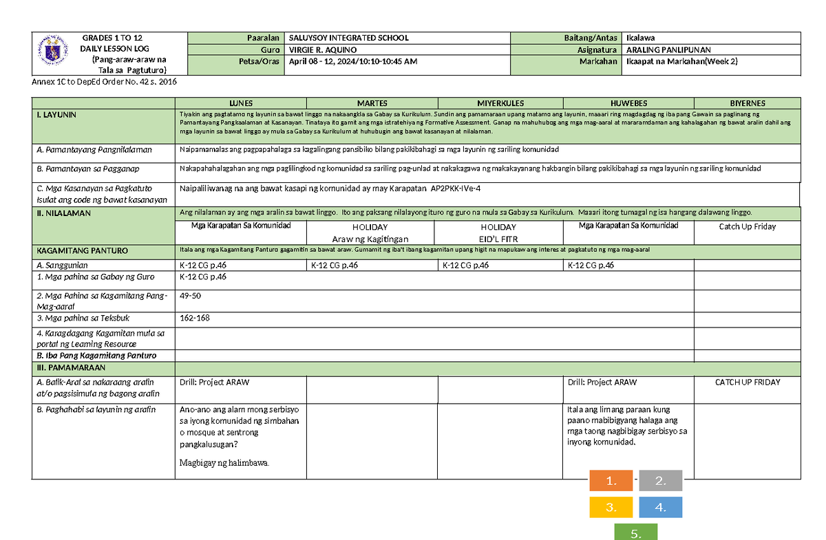 DLL AP Q4 Week 2 SY 2023 2024 - GRADES 1 TO 12 DAILY LESSON LOG (Pang-araw-araw na Tala sa - Studocu