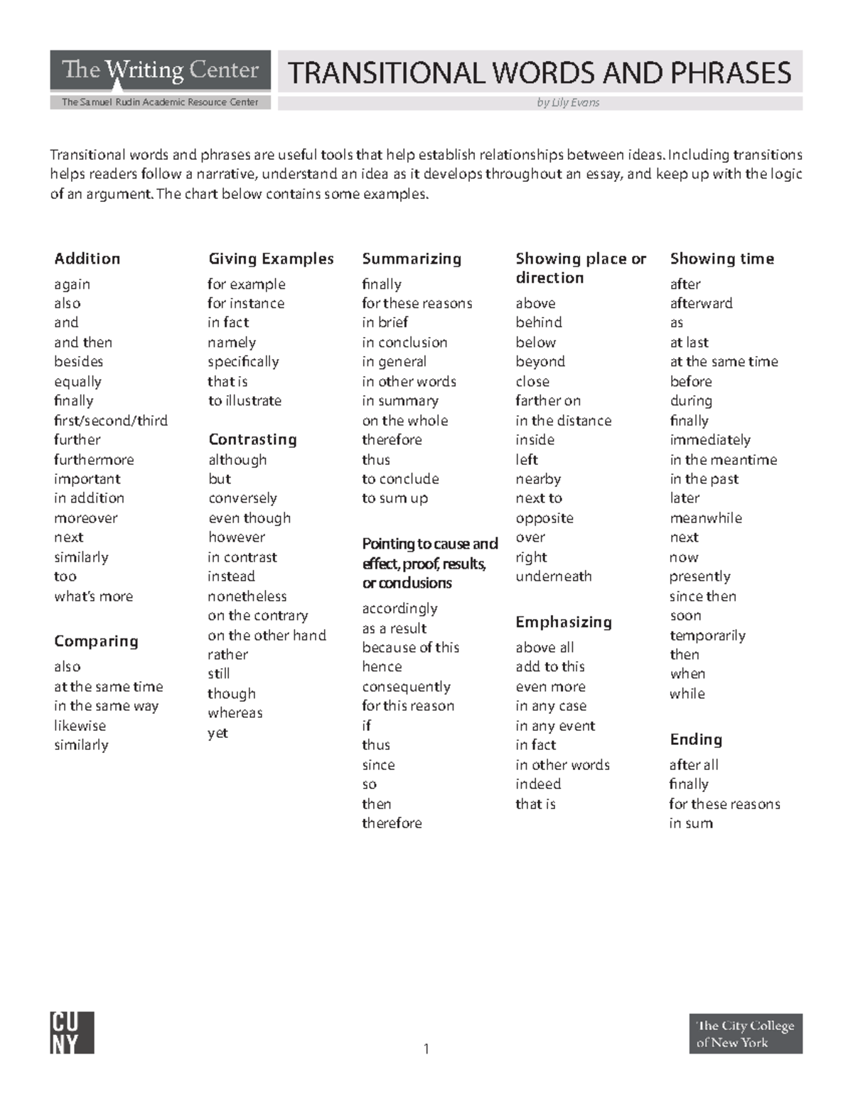 Transitional Words And Phrases - e Writing Center The Samuel Rudin ...