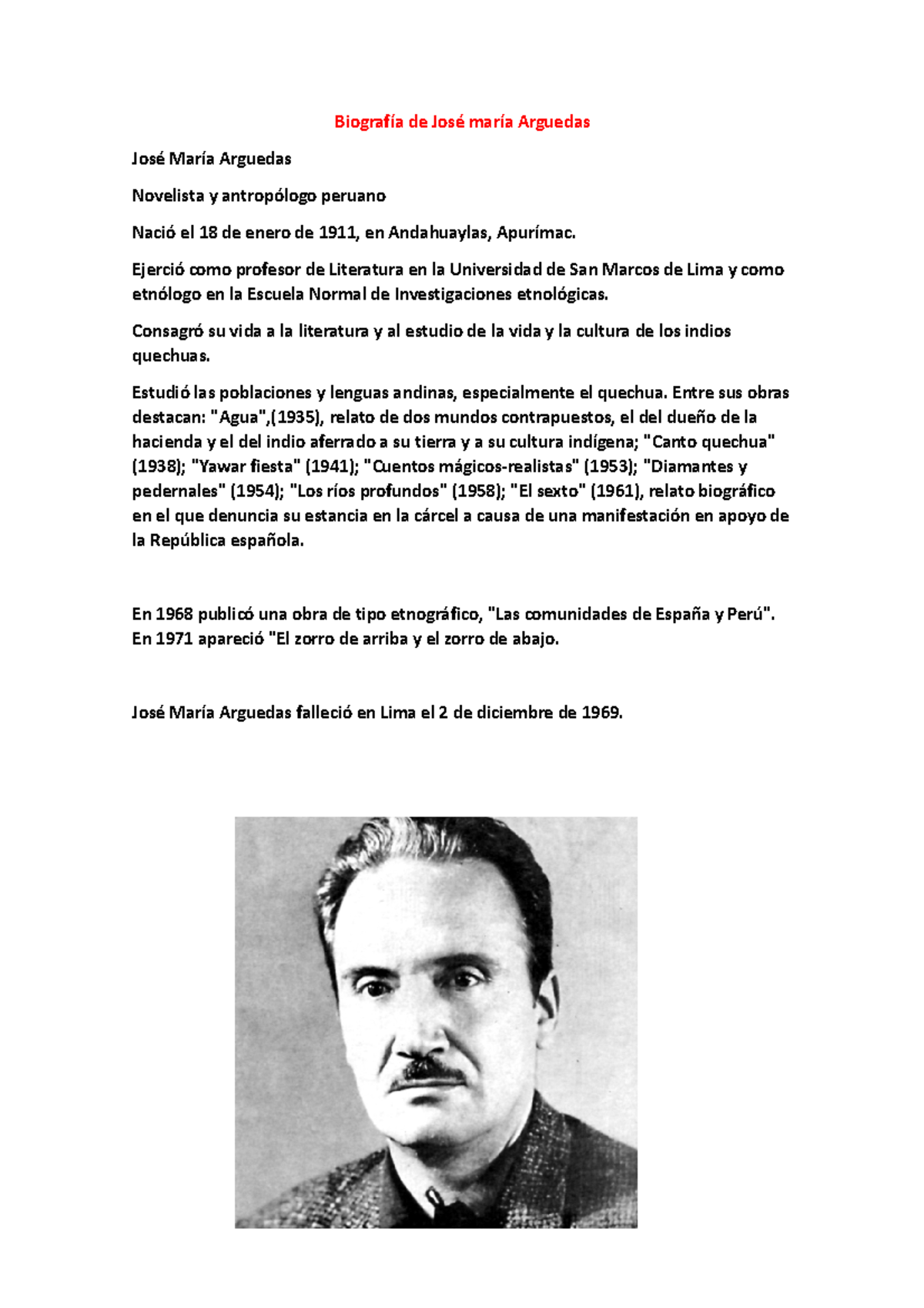 Biografía de José maría Arguedas - Biografía de José maría Arguedas ...