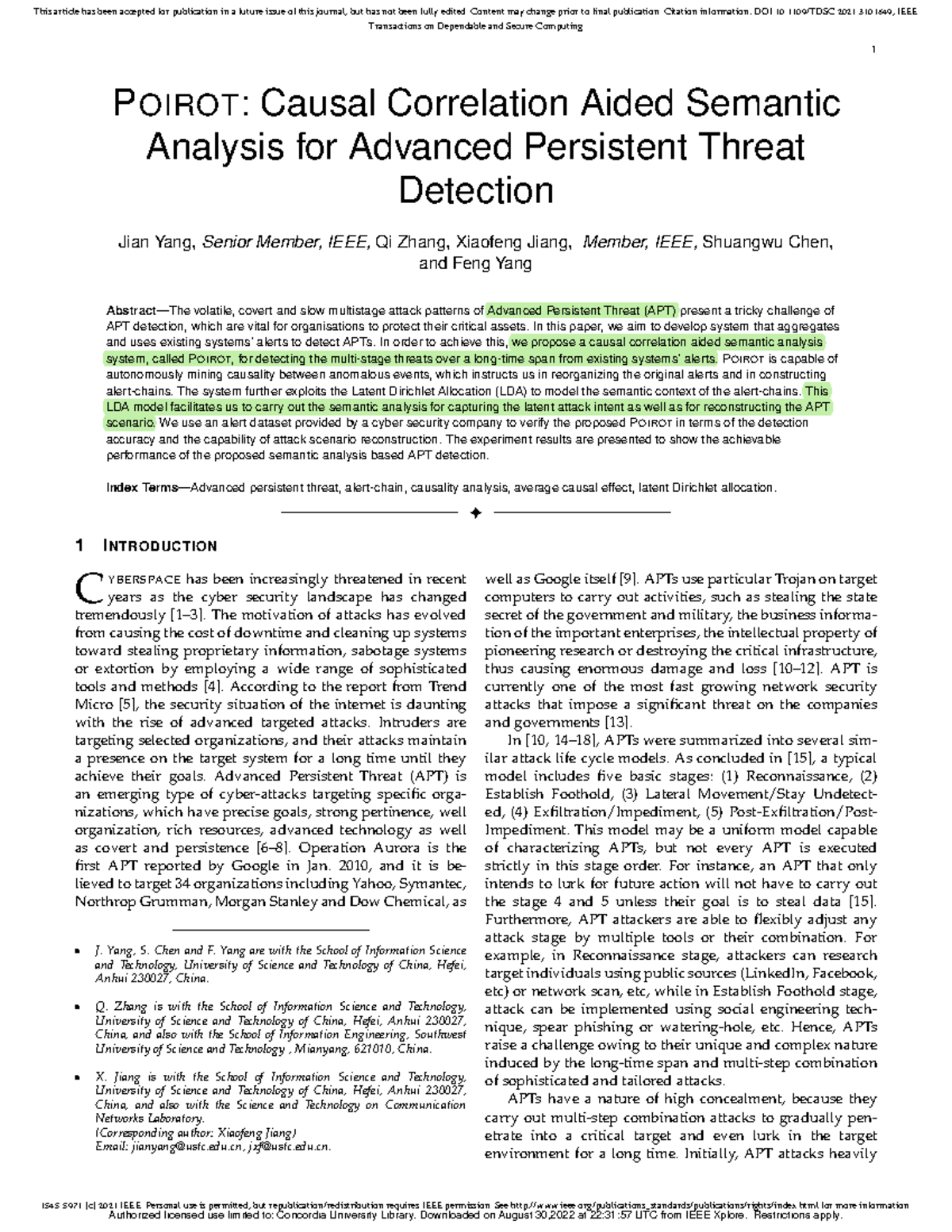 Poirot Causal Correlation Aided Semantic Analysis for Advanced Persistent Threat Detection - Studocu