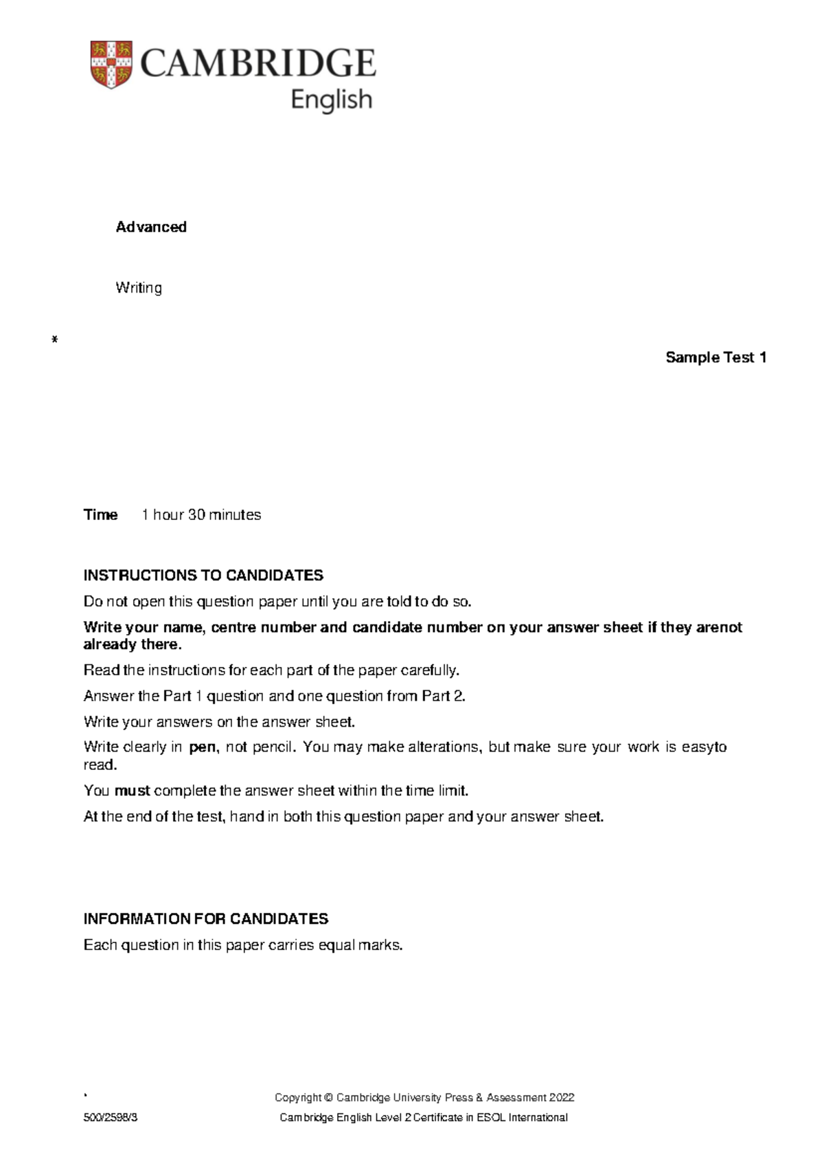 C1 Advanced sample paper 1 Writing 2022 - Advanced Writing Sample Test ...