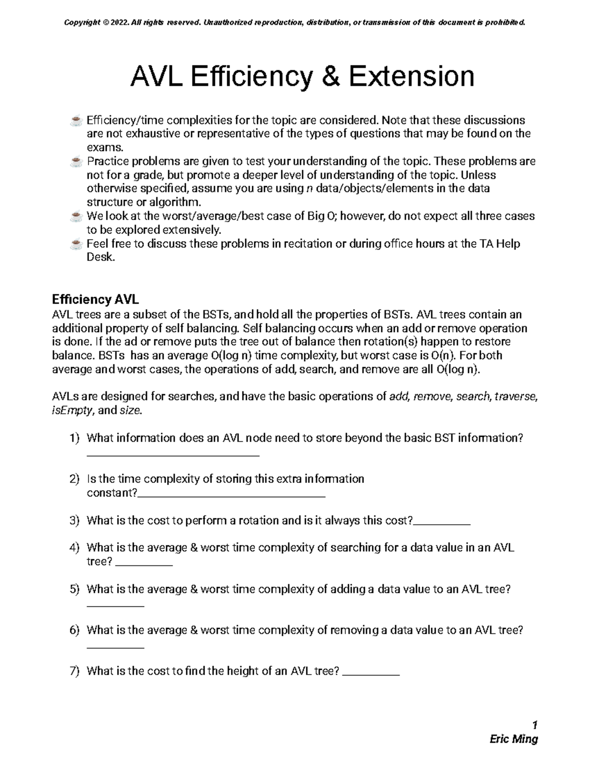 7. AVL Efficiency and Extension Worksheet - AVL Efficiency & Extension ☕ Efficiency/time - Studocu