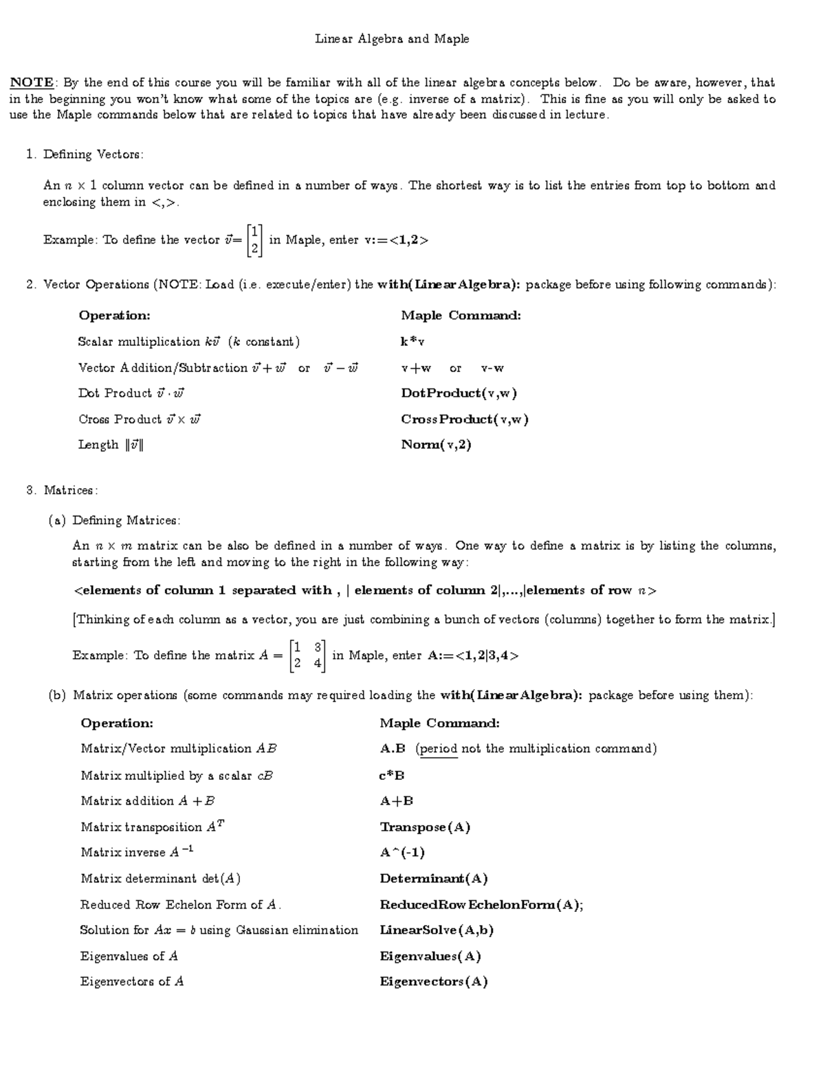 Lab Maple Notes - Linear Algebra and Maple NOTE: By the end of this ...