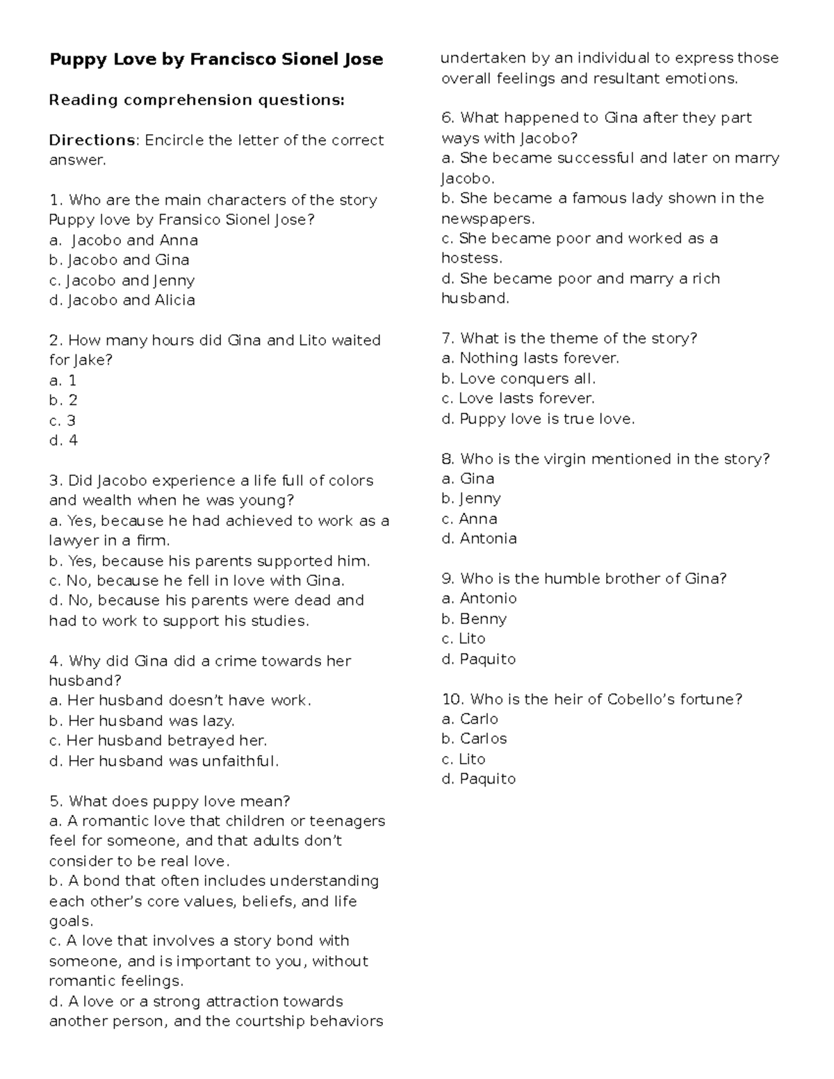 Puppy love questions - Reading Material - Puppy Love by Francisco ...