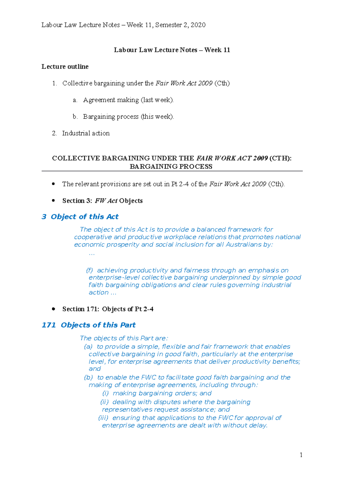 Week 11 Labour Law Notes - Labour Law Lecture Notes – Week 11 Lecture ...