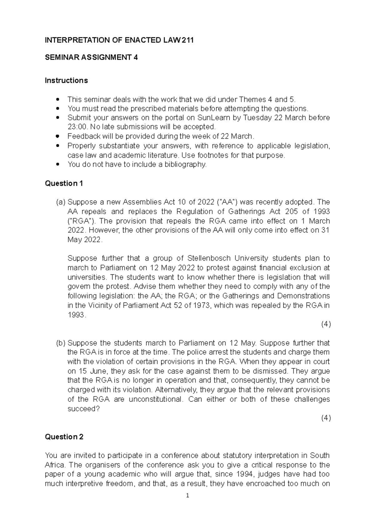 Seminar 4 - notes - INTERPRETATION OF ENACTED LAW 211 SEMINAR ...