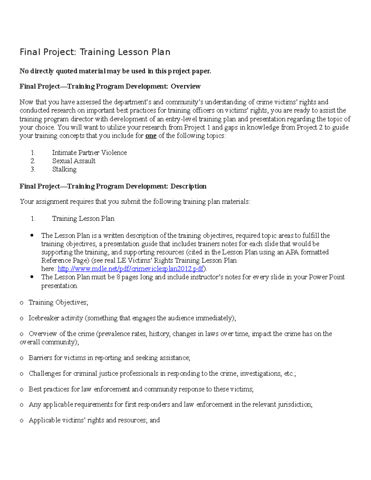 (Assignment) Final Project Training Lesson Plan - Final Project: Training Lesson Plan No ...