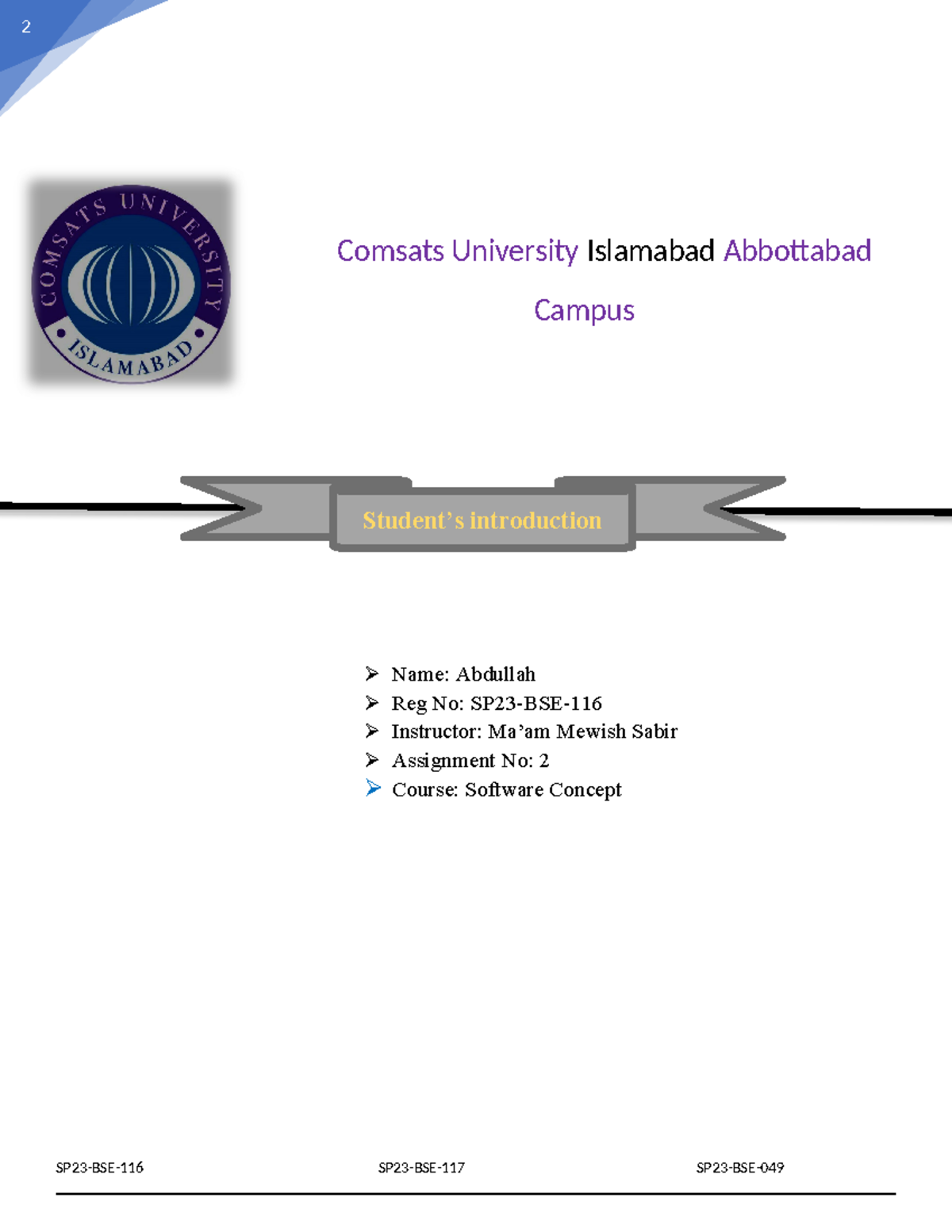 SE 02 assignment - Comsats University Islamabad Abbottabad Campus Name ...