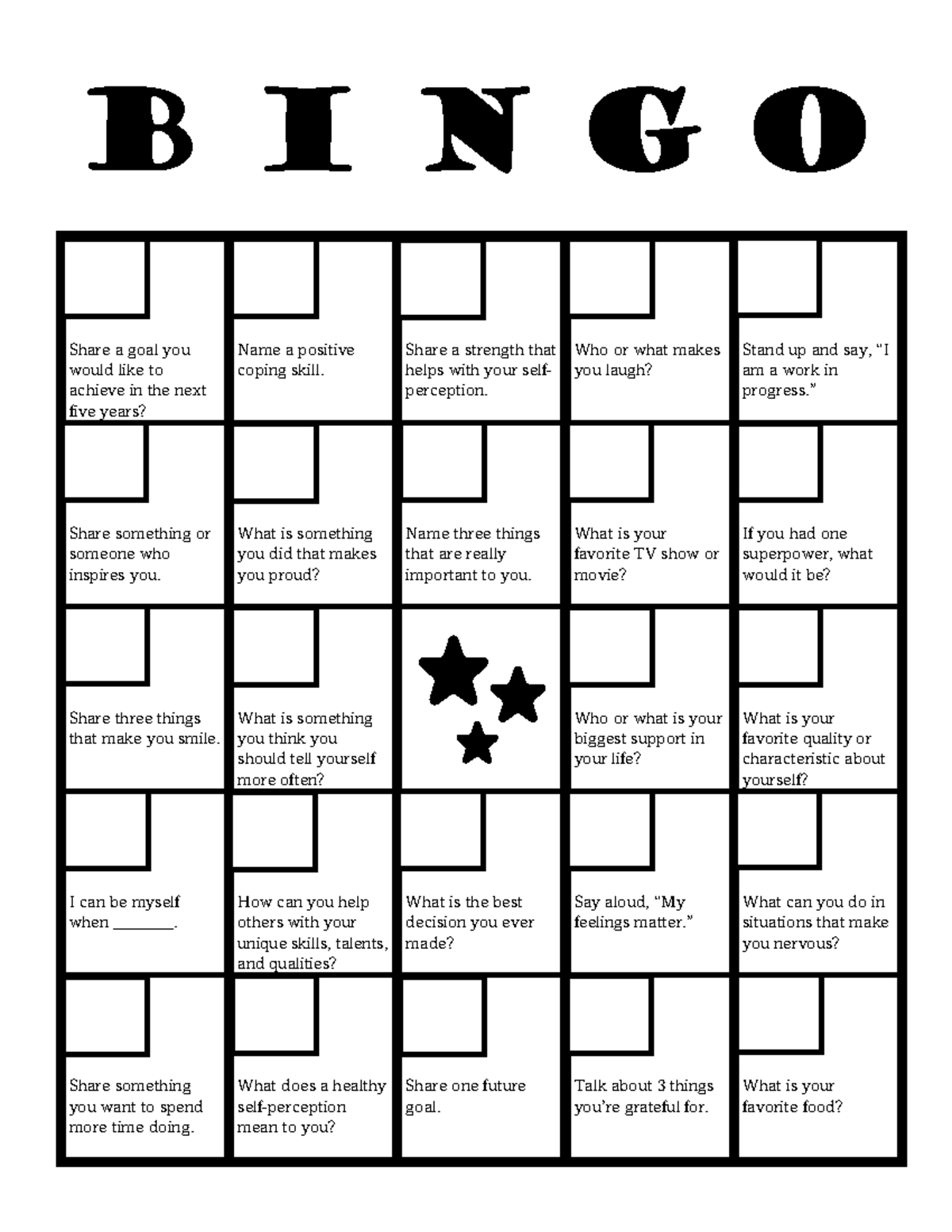 Self-Perception Group Activity - Bingo Sheet 3 (of 6) - B I N G O Share ...