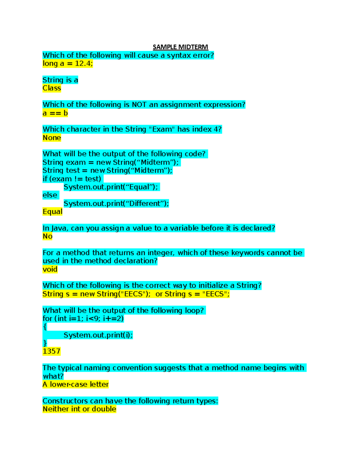 Sample Midterm and Exam - SAMPLE MIDTERM Which of the following will ...
