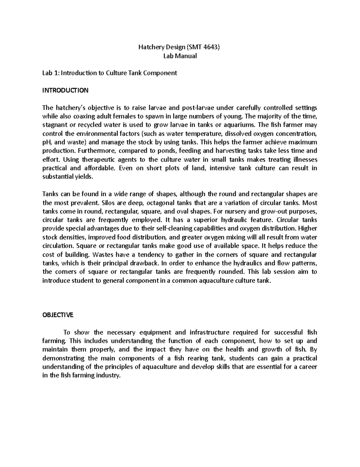 Hatchery Design Lab Manual Dr. Azfar - Hatchery Design (SMT 4643) Lab Manual Lab 1: Introduction ...